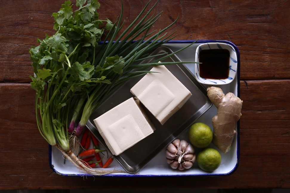 Two light Asian vegetarian dishes: steamed tofu with ginger and glass ...