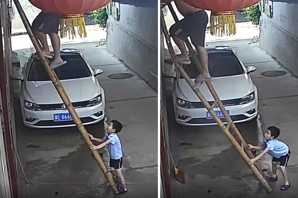 Chinese boy, 6, who gripped onto collapsing ladder to save teetering ...