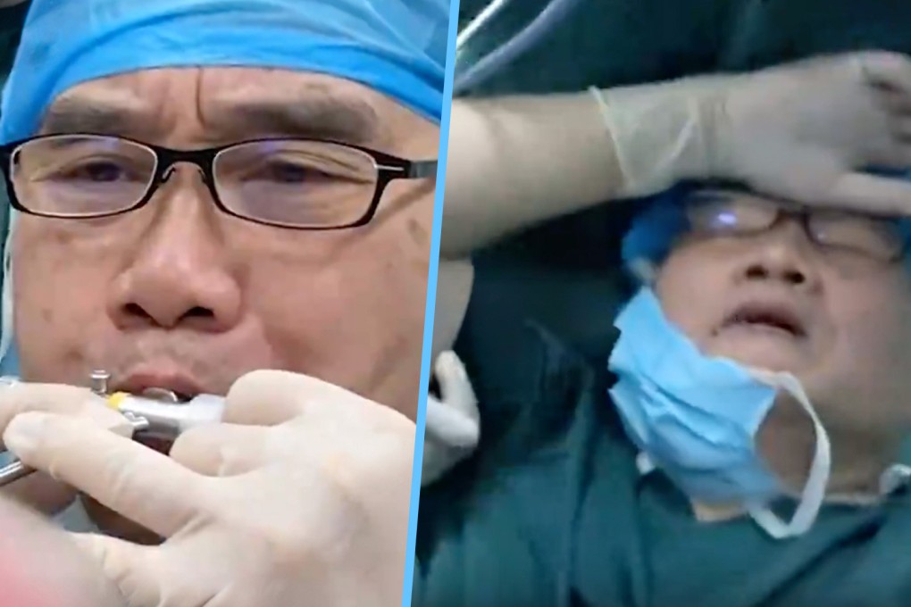 Gasping China surgeon collapses on floor after blowing air into lungs ...