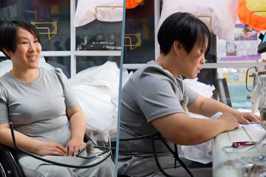 Disabled Chinese woman repairs clothes using stomach muscles to operate ...