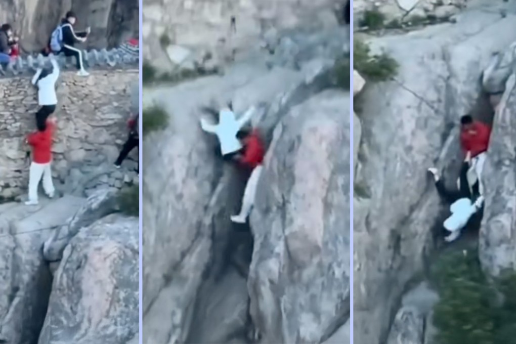 man falls through wall