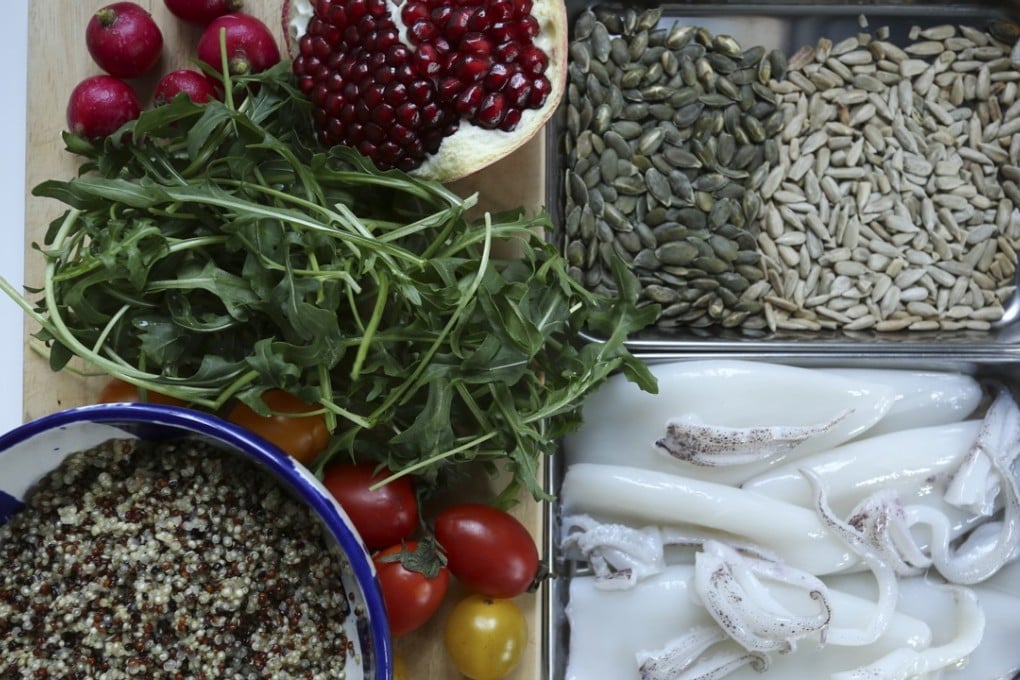 Susan Jung’s recipe for quinoa with arugula salad, hummus and seared ...