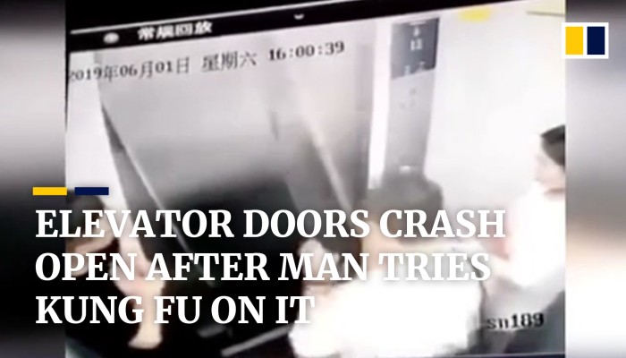 Elevator doors crash open after man tries Kung fu on it | South China ...