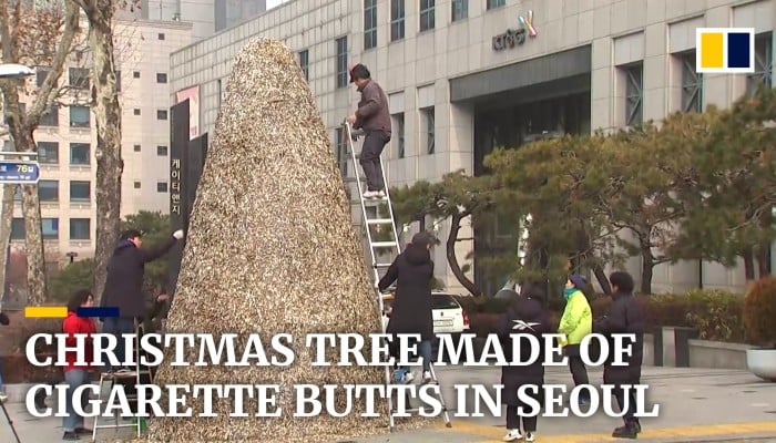 Activists build Christmas tree from cigarette butts in call for plastic ...