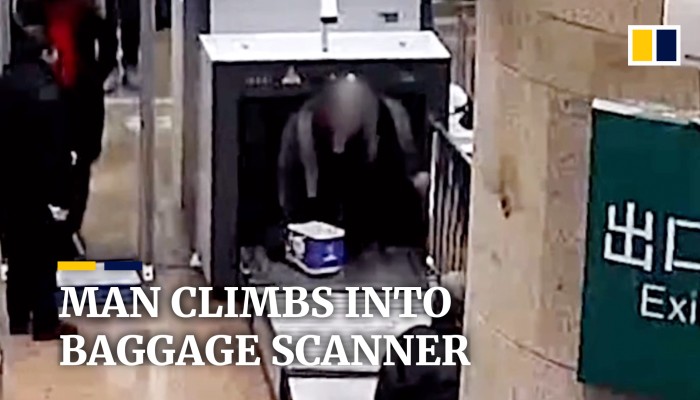 Man in China climbs into baggage scanner to avoid taking off his bag ...