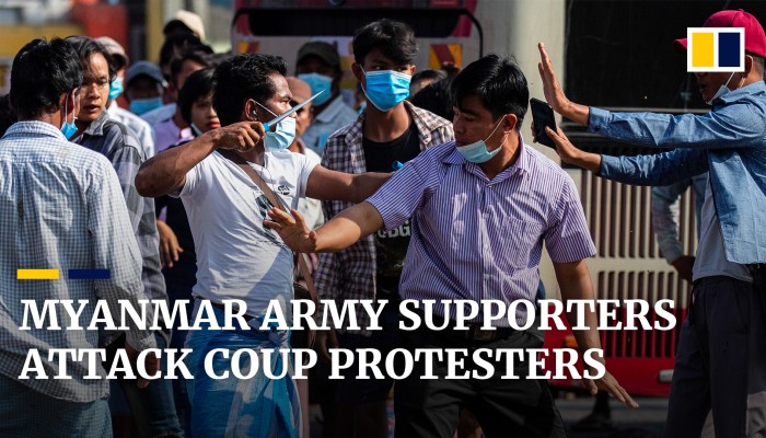 Knife-wielding supporters of Myanmar military attack anti-coup ...