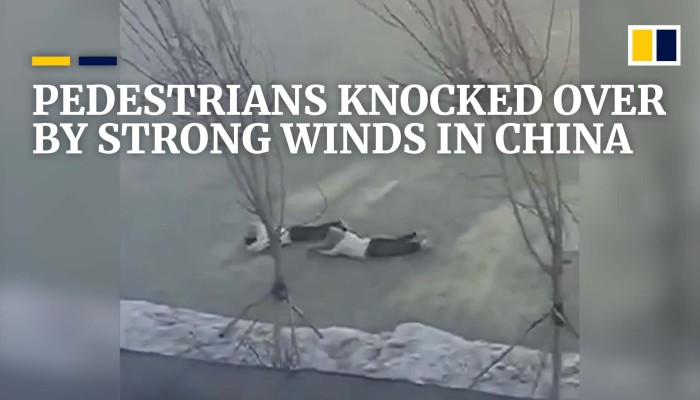 Pedestrians knocked over by strong winds in western China | South China ...