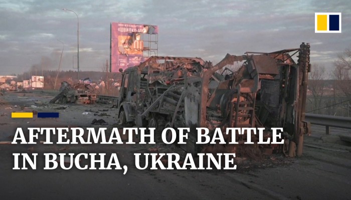 Burned-out military vehicles and destroyed shops after battle for Bucha ...