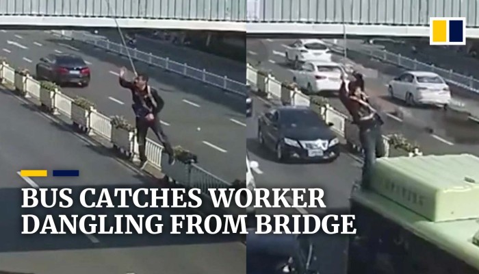 Bus catches worker dangling from bridge in China | South China Morning Post