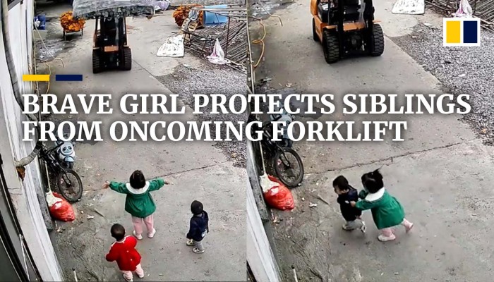 Brave girl in China protects siblings from oncoming forklift | South ...