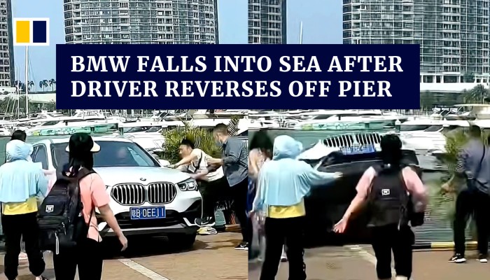 BMW falls into sea after driver accidentally reverses off pier in China ...