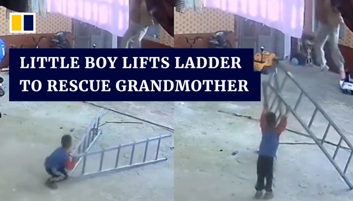 Little Chinese boy lifts ladder to rescue grandmother from fall | South ...