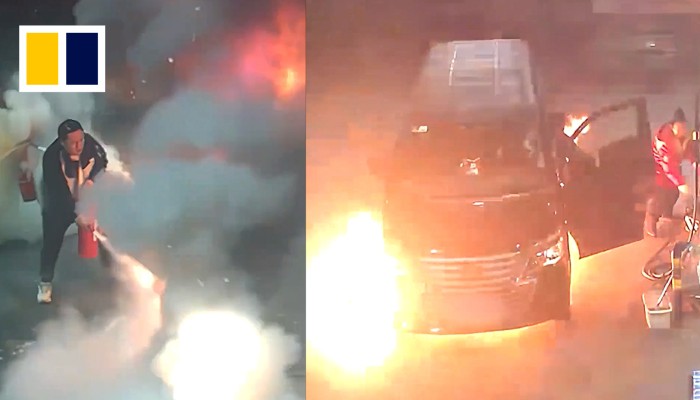 Car catches fire at petrol station in China, worker and driver fight ...