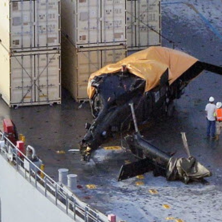 Mangled wreck of US Army helicopter which crash-landed on a ship off ...