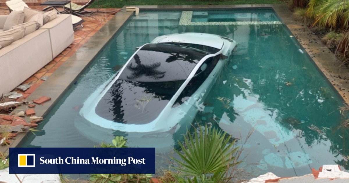 ‘Hero’ bystanders save US family after driver crashes Tesla into pool ...