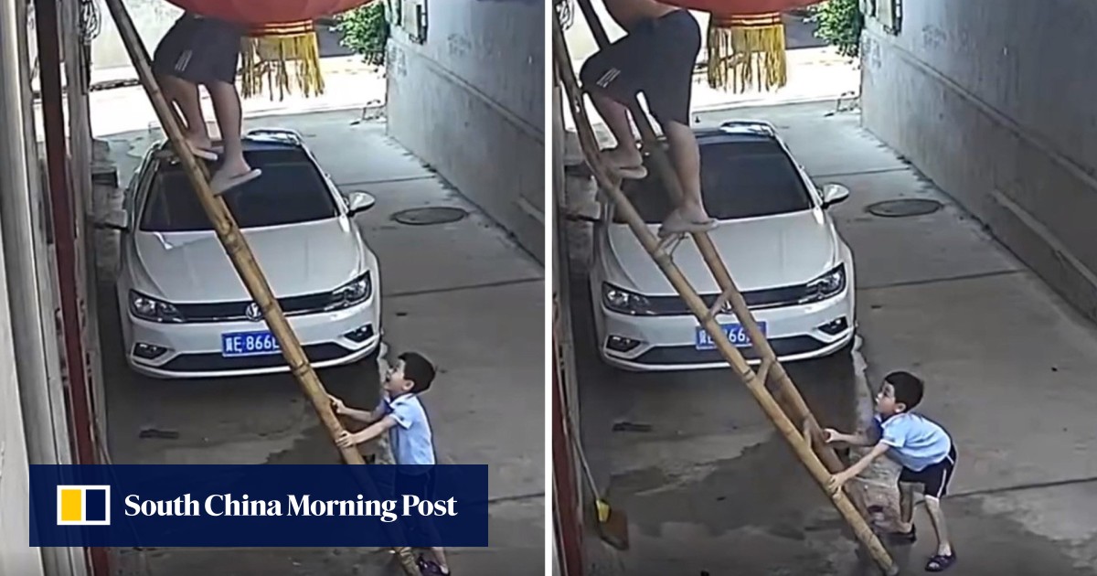 Chinese boy, 6, who gripped onto collapsing ladder to save teetering ...