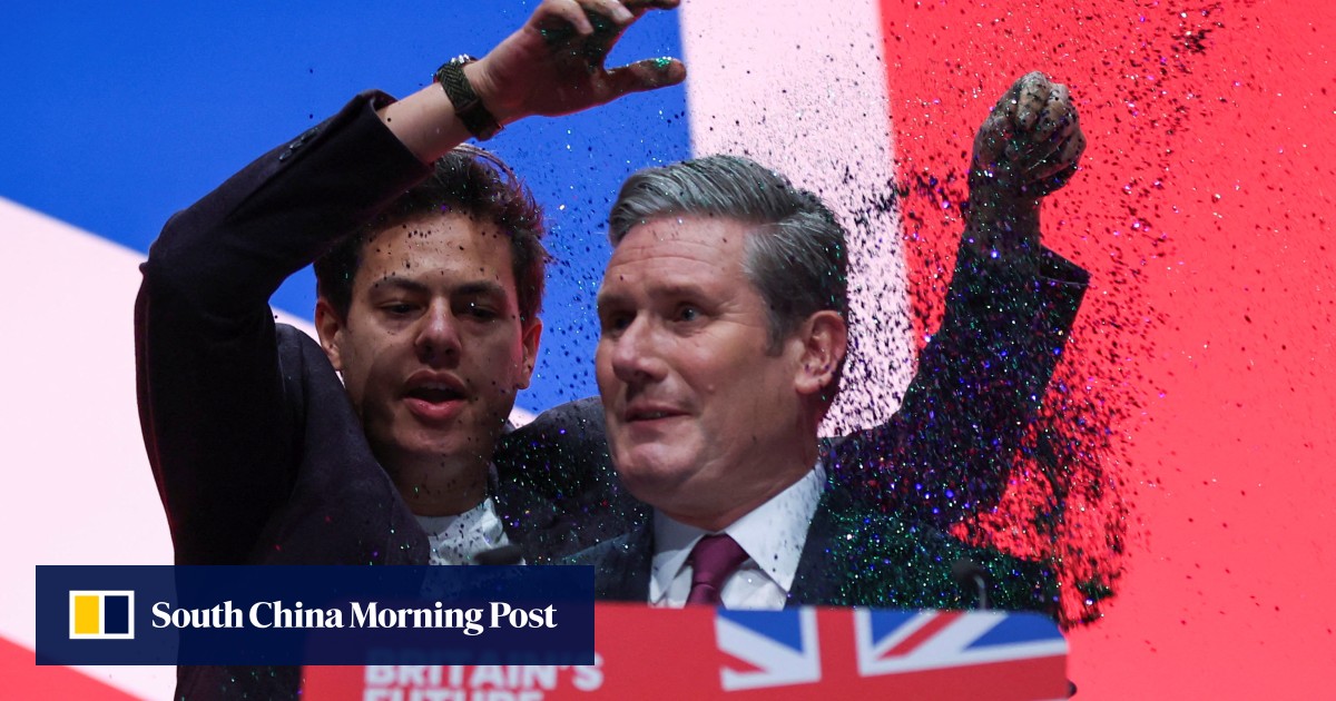 UK opposition leader Keir Starmer hit with glitter from protester ...