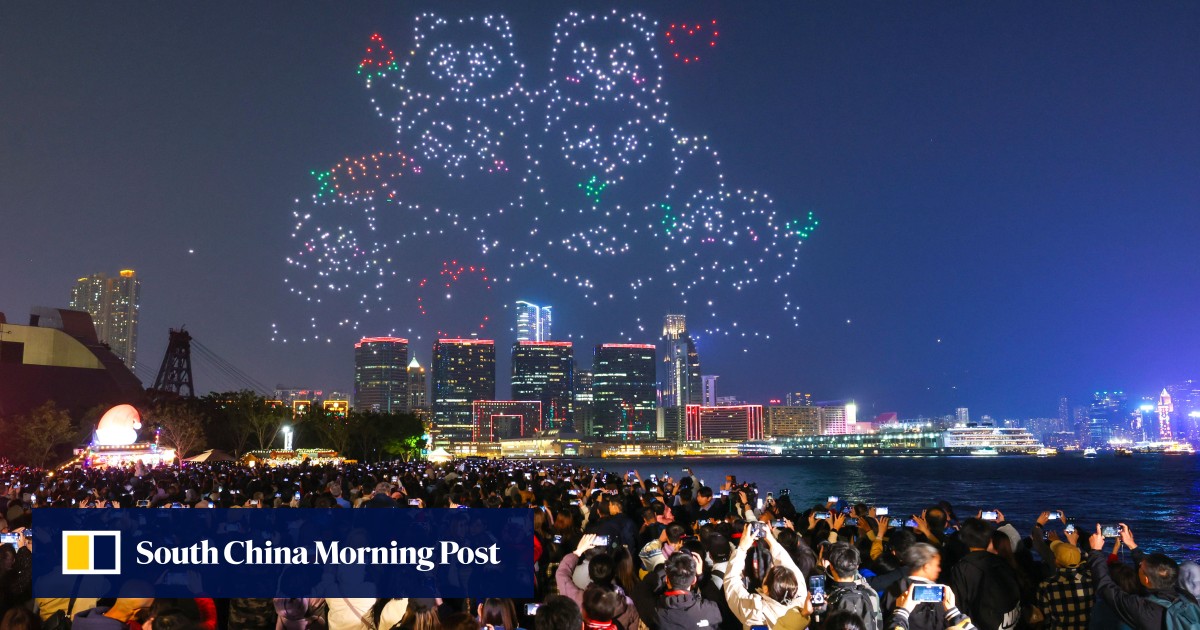 Hong Kong’s first pyrotechnics drone show wows crowd with panda-themed ...