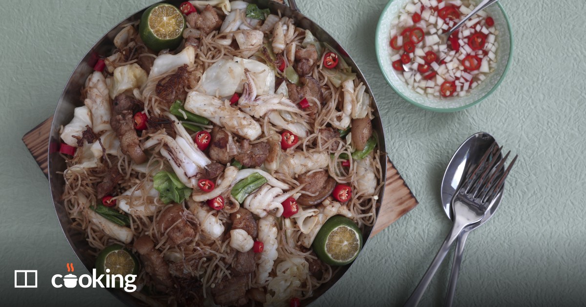 Filipino noodles with squid, pork belly and cabbage (pancit) - recipe ...