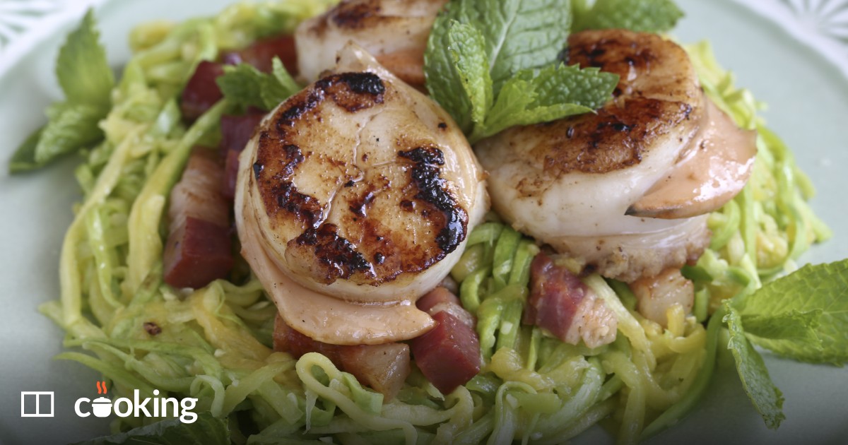 Seared scallops with Korean zucchini "spaghetti" - recipe | SCMP Cooking